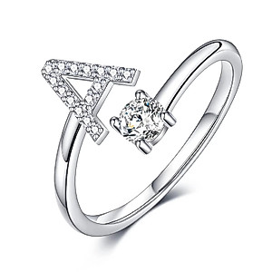 S925 Sterling Silver Initial Rings for Women Girls, Adjustable Initial Rings Cubic Zirconia Stackable Alphabet Letter A Rings for Teen Teenage Girls Teens Birthday Gifts for Daughter Granddaughter