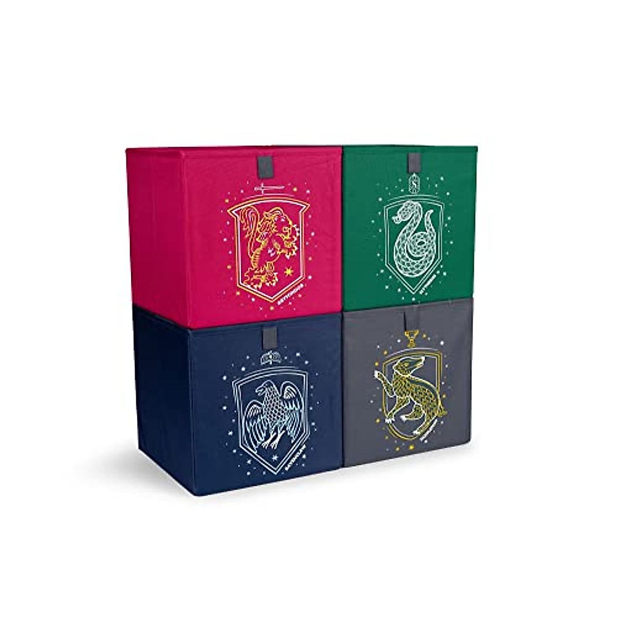 Harry Potter Hogwarts Houses 11-Inch Storage Bin Cube Organizers, Set of 4 | Fabric Basket Container, Cubby Cube Closet Organizer | Wizarding World Gifts And Collectibles