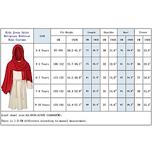 Kids Jesus Saint Religious Biblical Robe Fancy Dress Costume Wig Moustache Scarf Shawl Waist Rope set(Red 3-4 Years)