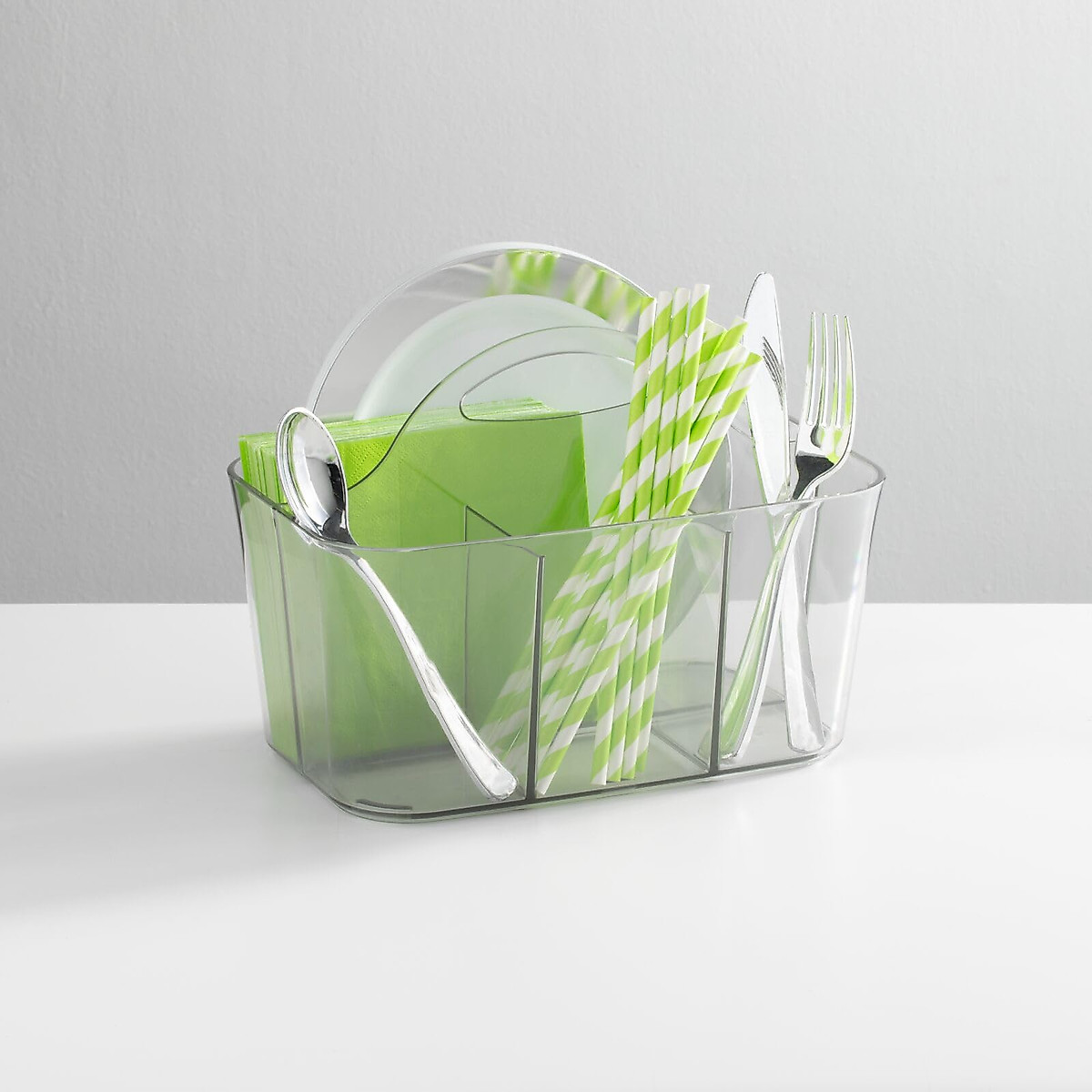 mDesign Plastic Cutlery Storage Organizer Caddy Bin Tote with Handle - Kitchen Cabinet Divided Pantry Basket for Forks, Knives, Spoons, Napkins, Indoor/Outdoor Use, Lumiere Collection, Clear