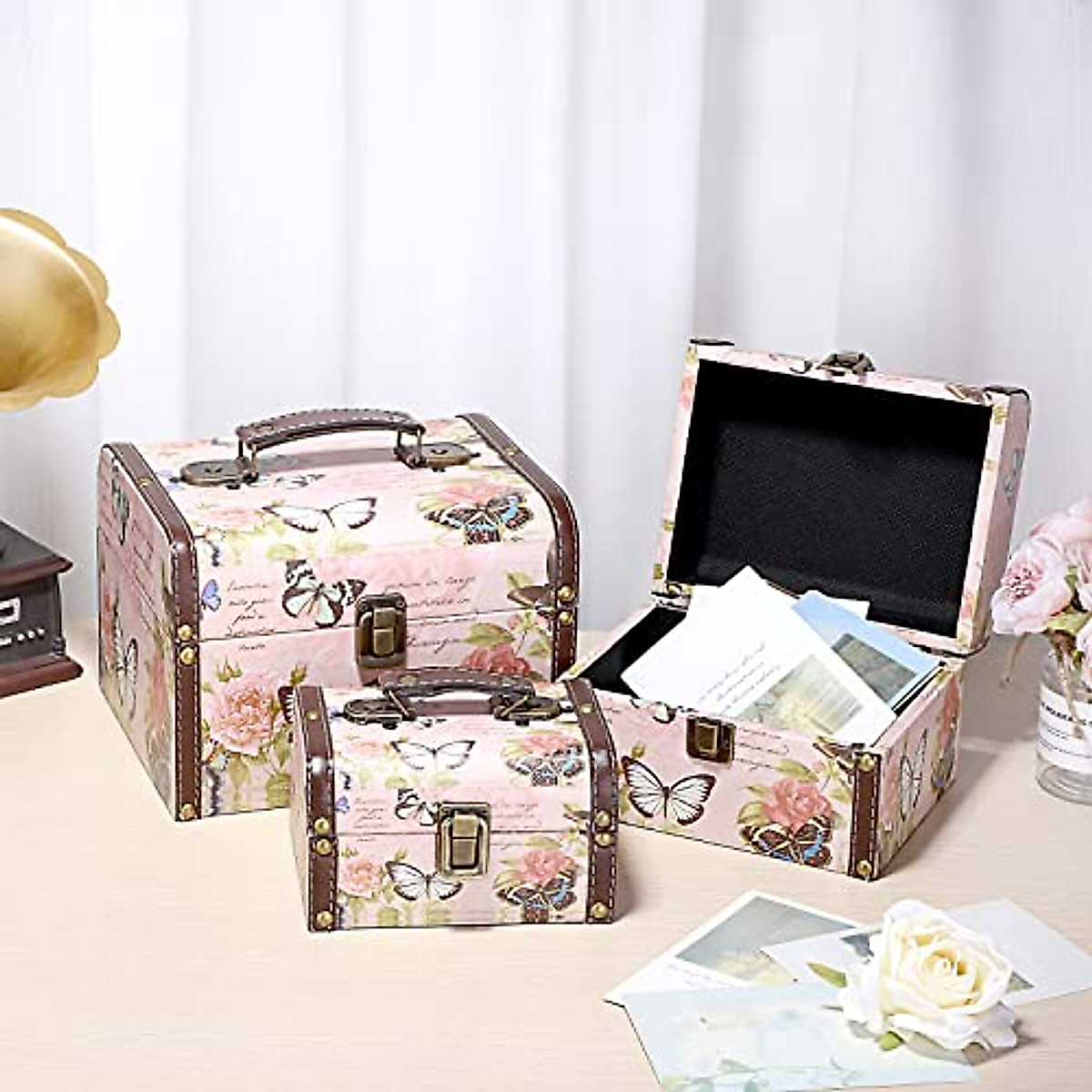 ELLDOO Set of 3 Butterfly Treasure Chest Box, Wooden + PU Leather Storage Decorative Box for Jewelry Trinkets, Keepsakes box for Girls Women Gifts