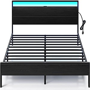 Rolanstar Bed Frame with Charging Station, Full Bed Frame with LED Lights Headboard, Metal Platform Bed Frame, Strong Slats Support, 10.2” Under Bed Storage Clearance, No Box Spring Needed, Noise Free
