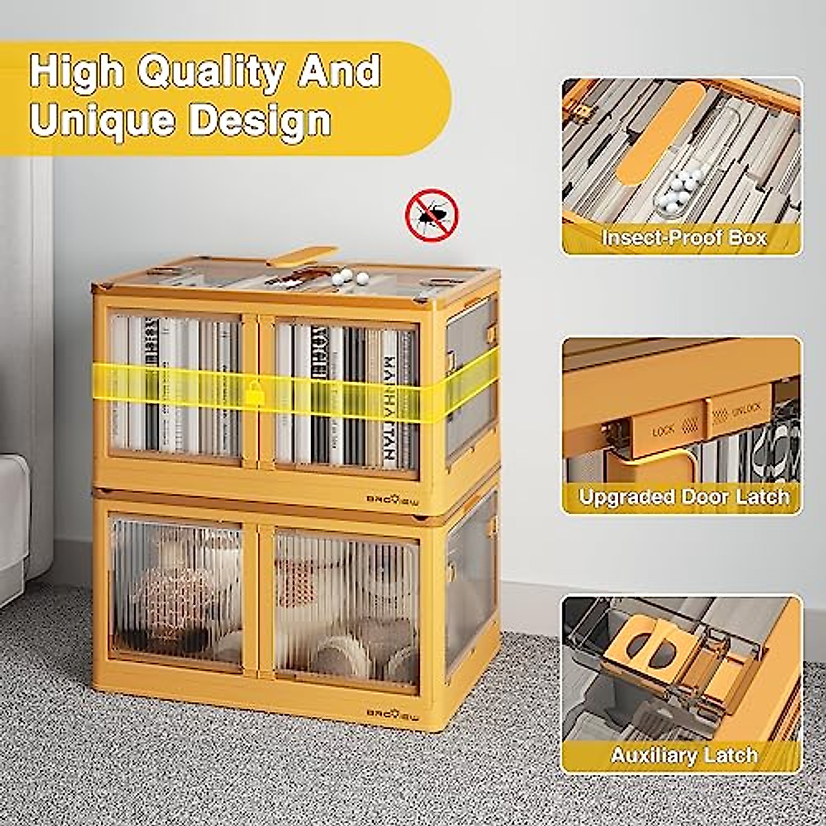 BROVIEW Plastic Storage Bins with Lids, 3 Pack 25 Gal Stackable Storage Cabinets Closet Organizers with 5-Doors, Collapsible Storage Containers Box for Kitchen Bedroom Living Kids Room Dorm (Yellow)