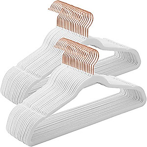 SONGMICS Velvet Hangers 50 Pack, Non Slip Hangers with Rose Gold Color Swivel Hook, Slim Hangers Space Saving, Velvet Hangers for Closet, Heavy Duty Velvet Hangers, White UCRF026W03