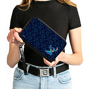 Disney Wallet, Zip Around, Lilo and Stitch Stitch Winking Pose Tropical Flora Black Blue, Vegan Leather