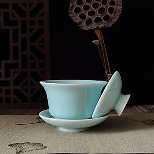 Gaiwan Kung Fu Teacups with Lid 5-Ounce Teacup and Saucer Set Porcelain Chinese Celadon (Sky blue)