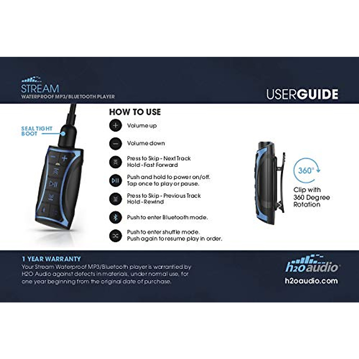 100% Waterproof Stream MP3 Music Player with Bluetooth and Underwater Headphones for Swimming Laps, Watersports, Normal Cord, 8GB – by H2O Audio