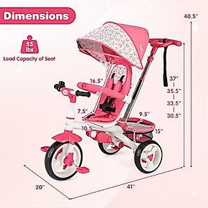 Costzon Tricycle for Toddlers, 6 in 1 Trike w/Parent Handle, Adjustable Canopy, Storage, Safety Harness & Wheel Brakes, Baby Push Tricycle Stroller for Kids Boys Girls Aged 9 Month-5 Years Old, Pink