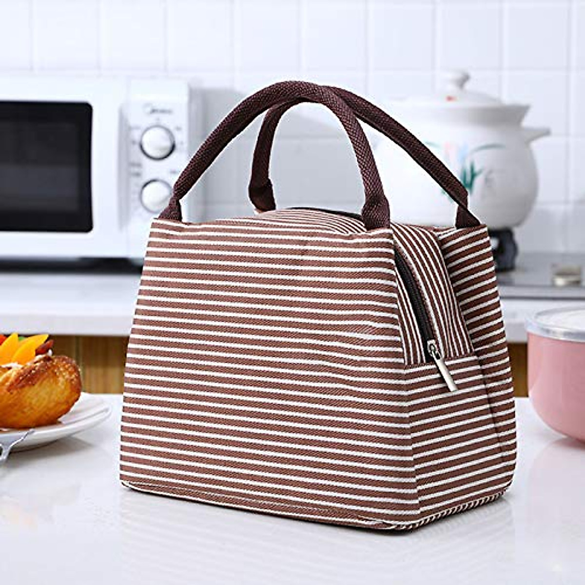 Lunch Bags,Waterproof Foldable Lunch Bag for Women,Use for Fruit,Snacks,Milk,Tissue Paper,Keys,Cards，Coffee Stripes