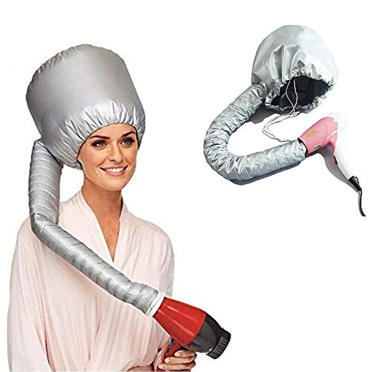 JORCEDI Portable Soft Bonnet Hair Blow Dryer Attachment, Silver, Fits All Hair Dryers, Speeds Up Drying Time at Home, Great for Natural Curly Textured Hair Care