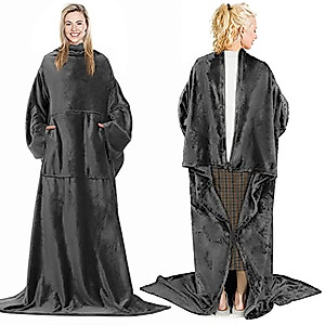 ONME Wearable Fleece Blanket with Sleeves for Adult, Cozy Snuggy Blankets with Front Pocket, Soft Blanket Robe Gift for Women Men (Dark Grey)