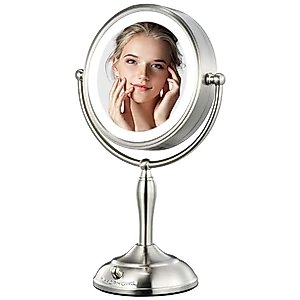 MIRRORMORE 7.5” Lighted Makeup Mirror with 3 Color LED Dimmable Lighting, 1X/10X Magnifying Mirror with Light, Free Swivel Vanity Mirror, Senior Pearl Nickel Travel Mirror, Dual Power Supply