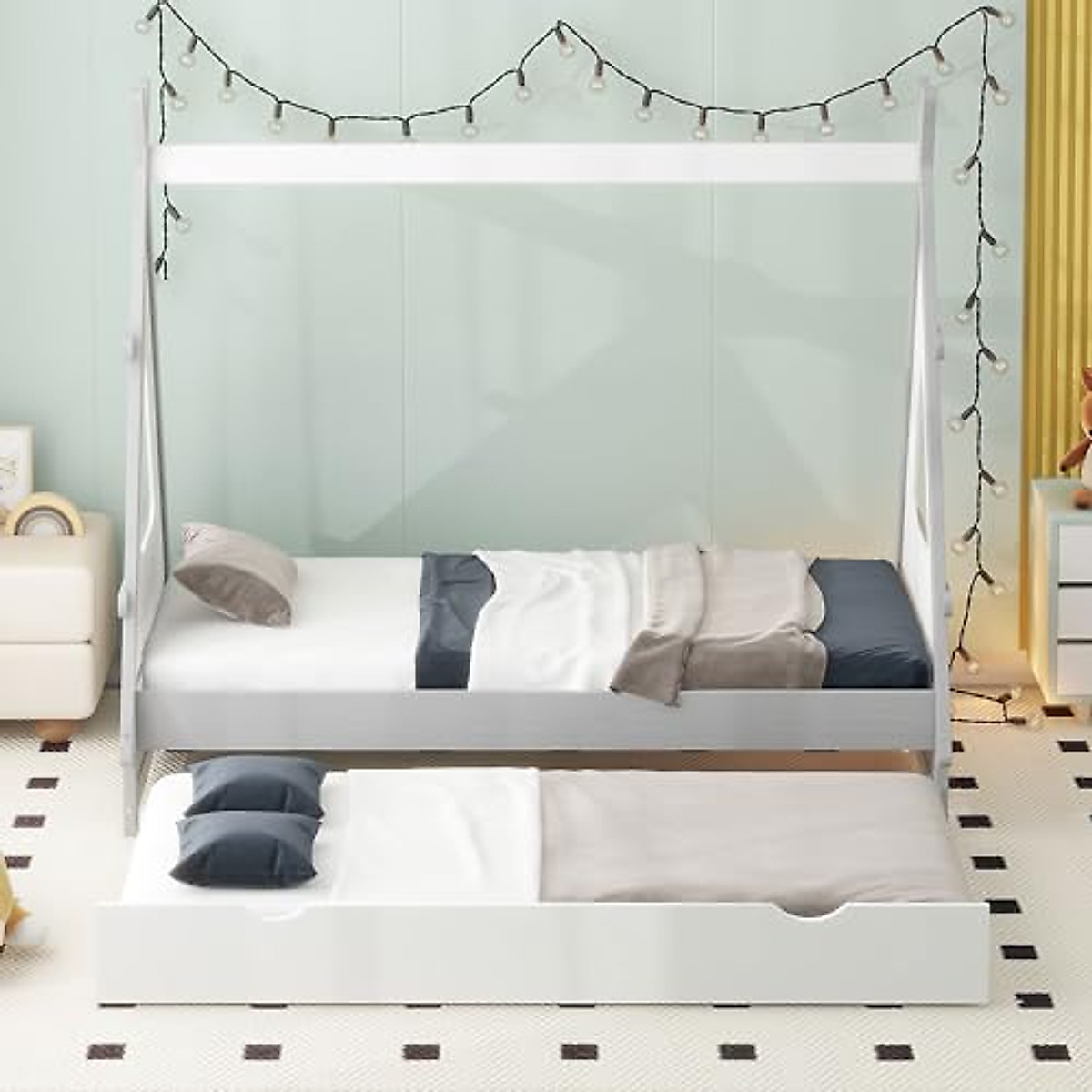 JIVOIT Wooden Tent Floor Bed with Pull-Out Twin Size Trundle, Twin Size Floor Bed House Bed with X-Shaped Safety Railings, Montessori Bed Playhouse House Platform Bed for Kids Boys Girls