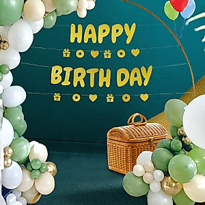 CUTPOPUP Gold Glitter Happy Birthday Banner - Pre-Strung - and Gold Glitter Circle, Star, Heart, Gift Dots Garland for Men Women Birthday Party Decorations, Happy Birthday Door Banner