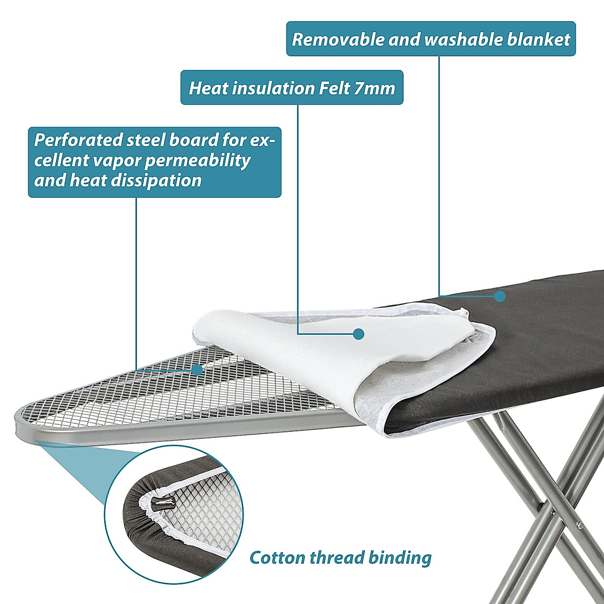 AKOZLIN 48" x 18" Extra Wide Ironing Board with Height Adjustable up to 36",Solid Steam Iron Rest,T-Leg Extreme Stability Foldable Ironing Board for Home Laundry Room Dorm Grey