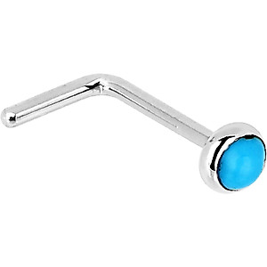 Body Candy Solid 14k White Gold 2mm Turquoise L Shaped Nose Stud Ring 20 Gauge 1/4"