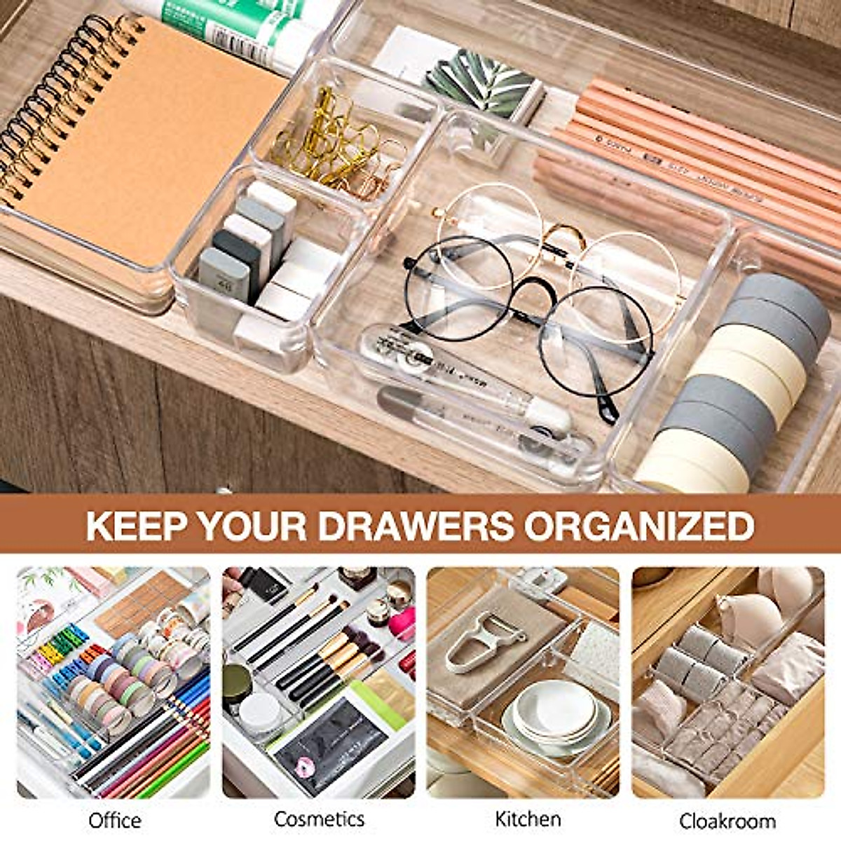 KPX 16pcs Makeup Drawer Organizer Set, Clear Plastic Desk Drawer Dividers, 5-Size Vanity Cosmetic Trays with Non-Slip Pads, Storage Bins for Kitchen Utensil,Jewelries and Office Accessories (16)