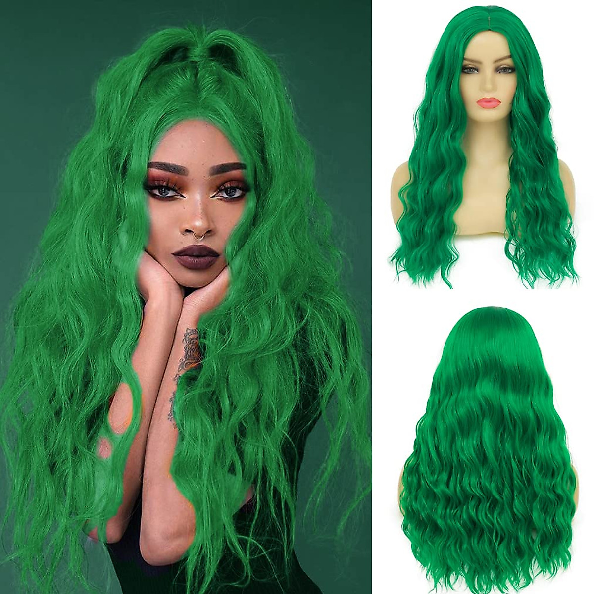 Beweig Long Curly Wavy Green Wig for Women Middle Part Costume Cosplay Wig Synthetic Hair Replacement Wig …
