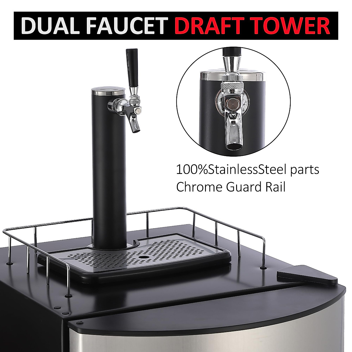 TROPOW Beer Kegerator, Single Tap Draft Beer Dispenser, Full Size Keg Refrigerator With Shelves, Stainless Steel, Drip Tray & Rail,silver, 128L