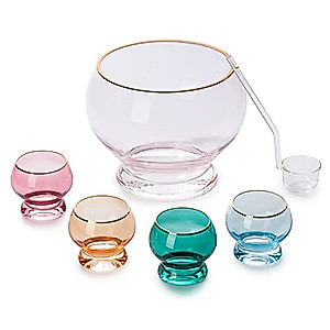 Colorful 1.7 Gallon Punch Bowl with 4 10oz Glasses Set with Ladle Gift For Mothers Day, Her, Wife, Mom, Friend - Colored Set Margarita, Cocktails, Juice, Punch Drink bowl for Parties, Weddings