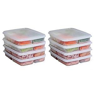 MUXHEL 8 Pcs 4 Compartment Food Storage Containers with Lids, BPA-Free Divided Serving Tray Container Reusable, Plastic Freezer Storage Containers for Storing Fruits, Vegetables, Meat