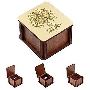 LUCCE Wooden Ring Box for Proposal Slim - Small Engagement Ring Box Wood - Golden Mirror Effect Tree of Life Pattern Rustic Wedding Decorations for Ceremony, Jewelry Box - Wooden Storage Box with Ring Bearer and Perfect for Proposal, Wedding, Ceremony, En