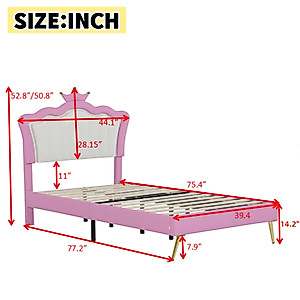 Linique Twin Size Upholstered Bed Frame with LED Lights, Modern Upholstered Princess Bed with Crown Headboard, Pink+White