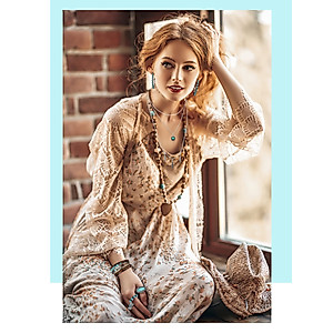 Ecally Bohemian Western Jewelry Turquoise Set Women Bohemian Pendant Long Choker Layered Bracelets Turquoise Earrings Ring(Boho)