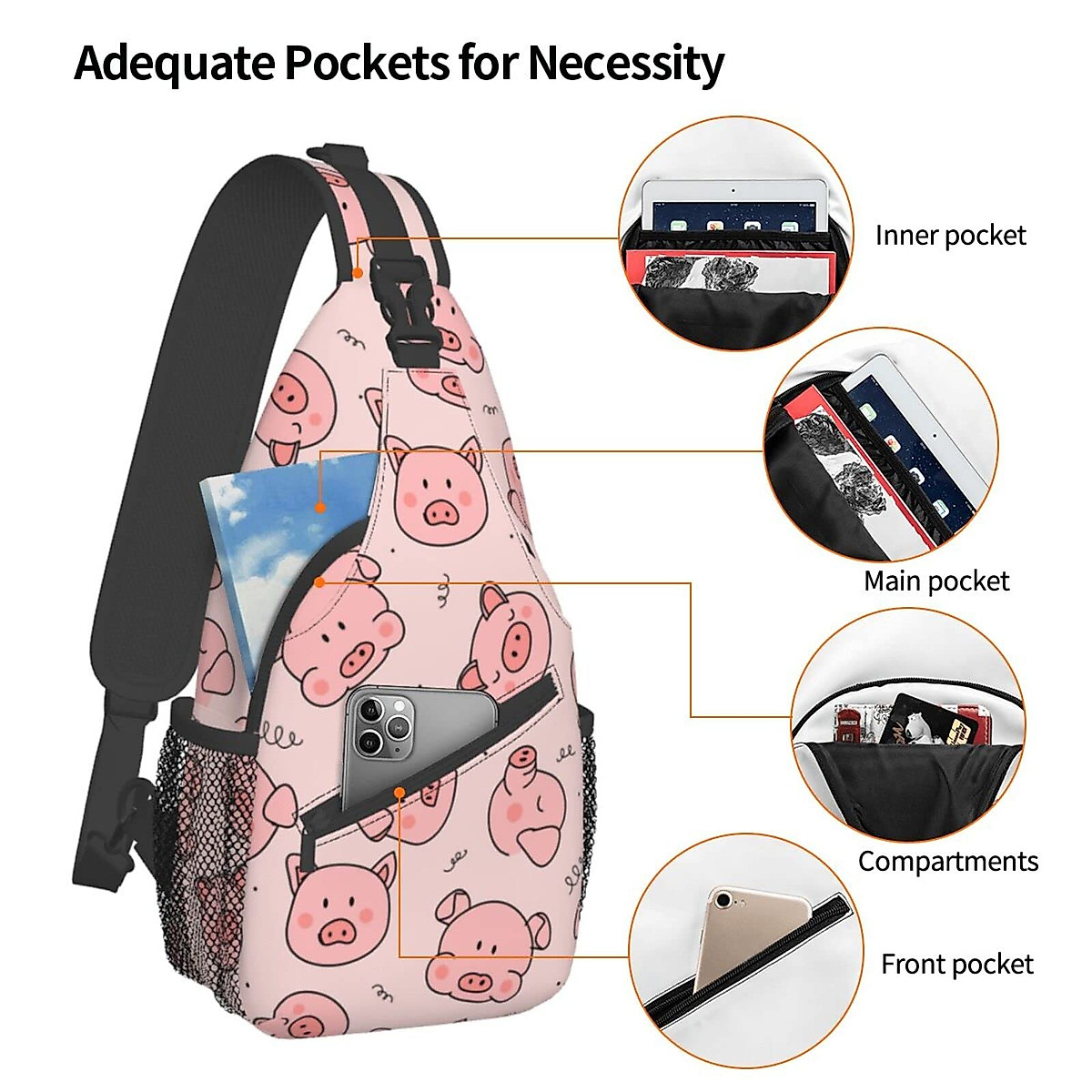SURERUIM Pink Pig Sling Bag for Women Men Crossbody Shoulder Backpack Seamless Pattern of Pink Pig Face Cute Piggy Chest Bags Funny Cartoon Animal on Pink Background Gym Travel Hiking Casual Daypack