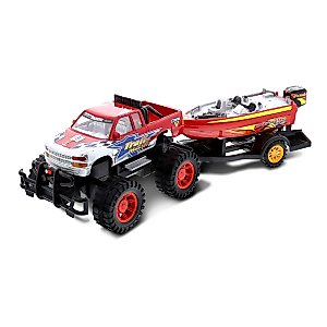 Mozlly Monster Truck Toys Set with Trailer Toy Boat - Friction Powered Hauling Truck and Trailer Toy, Big Toy Monster Truck with Boat, Adventure Truck Pulling Boat Toy Monster Trucks for Kids - 9 Inch