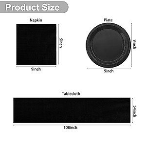 24 Guests Black Paper Plates Including 24 Black Plates, 24 Napkins and 1 Tablecloth for Birthday Wedding Graduation Parties