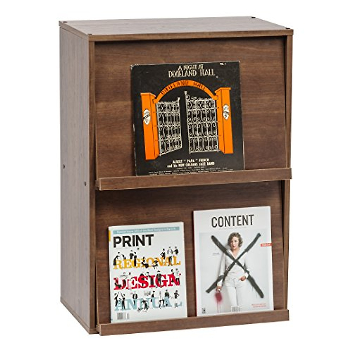 IRIS USA, Inc. 2-Tier Wooden Shelf with Pocket Doors, Stylish Stackable Shelving Unit with 2 Retractable Flap Doors for Additional Photo Record Picture Storage, Dark Brown