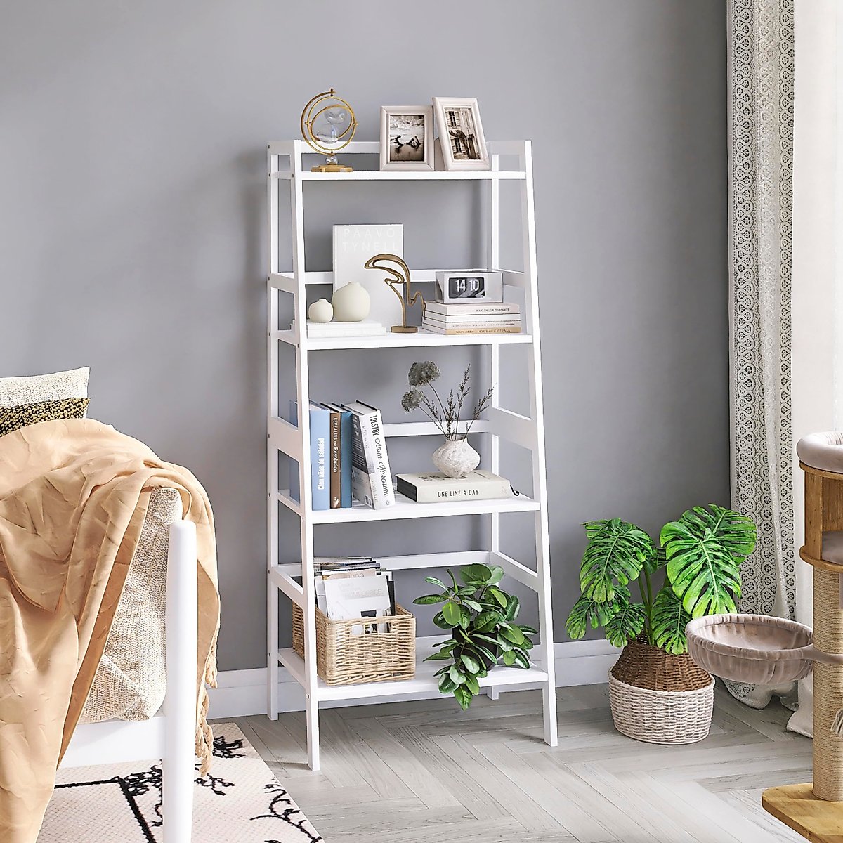 HITNET White Ladder Bookshelf, Leaning Bookcase, 4-Tier Bamboo Shelf, Floor Standing Storage Shelving Unit, Open Display Book Shelves