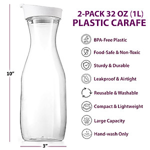 DilaBee Plastic Water Pitcher With Lid (32 Oz) Round Carafe Pitchers for drinks, Milk, Smoothie, Iced Tea, Mimosa Bar - Juice Containers with Lids for Fridge - BPA-Free (2-Pack) - Not Dishwasher Safe