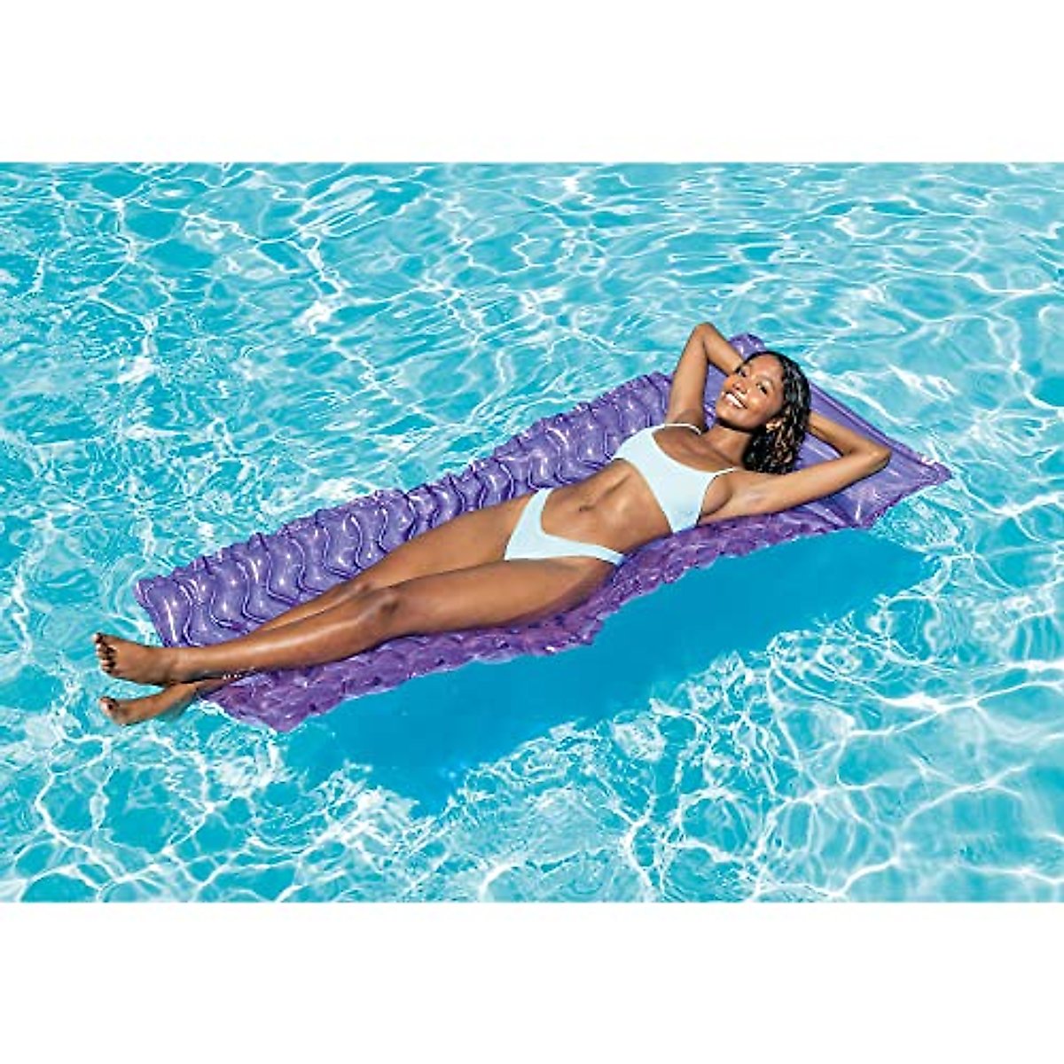 Intex Tote 'N Float Wave Mat Durable Vinyl Floating Inflatable Swimming Pool Lounger with Built-in Pillow Rest, 1 Float, Color Varies