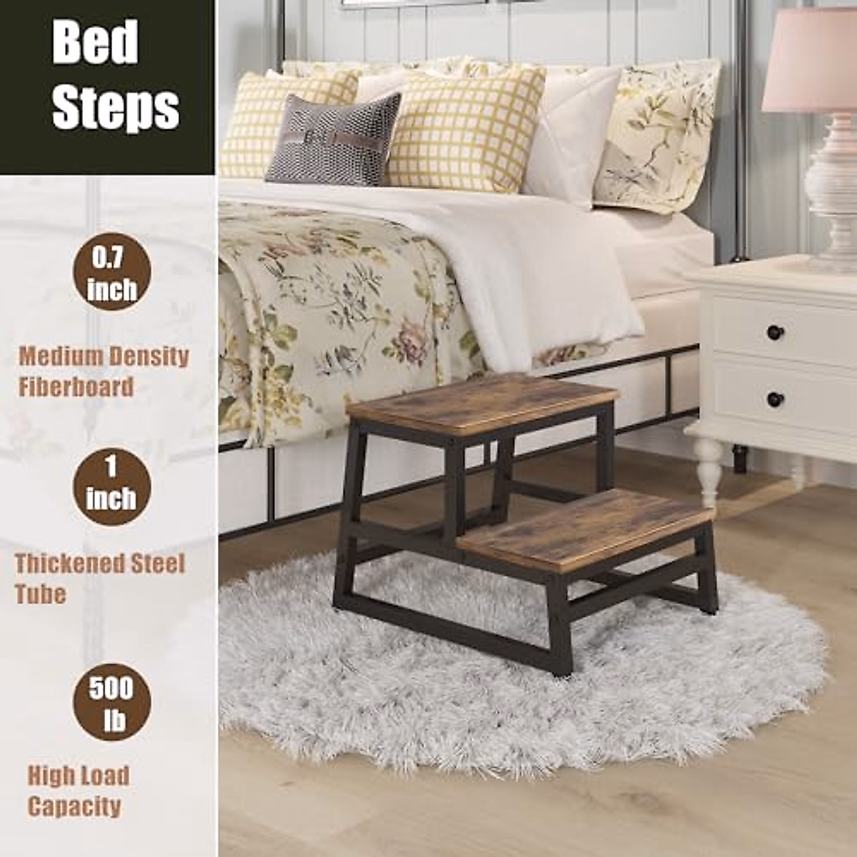 VonDream 2 Tier Step Stools for Adults with Non-Slip Stickers, Heavy Duty Bed Steps for High Beds,Kitchen Step Stool,Wide Wooden Step Stools for Kids, Step Stool for RV