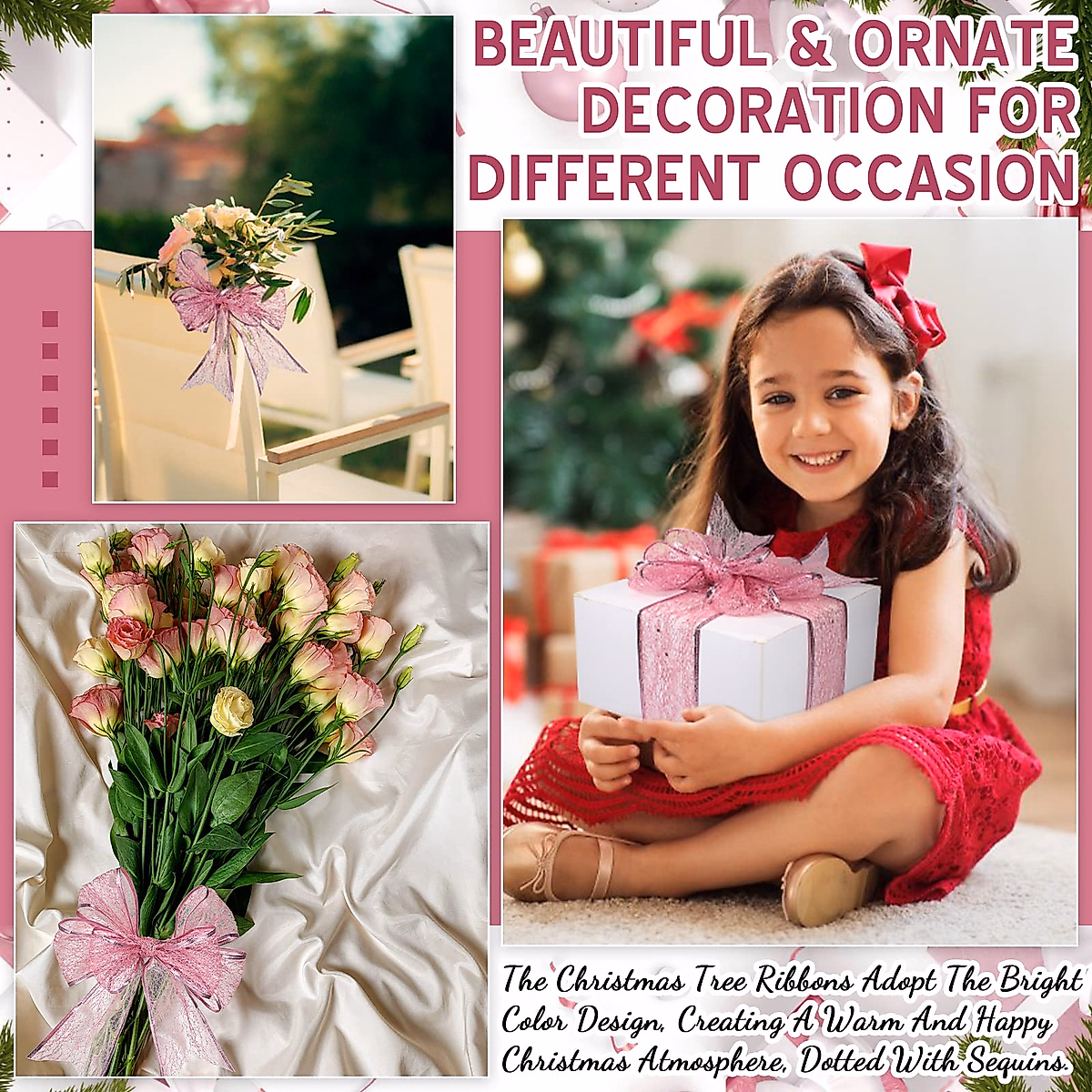 MTLEE 2 Rolls 20 Yards Valentine Ribbon Wired Pink Metallic Glitter Lace Ribbon for Xmas Crafts Floral Bow Making DIY Gift Wrapping Wedding Party Decor(2.5 Inch)