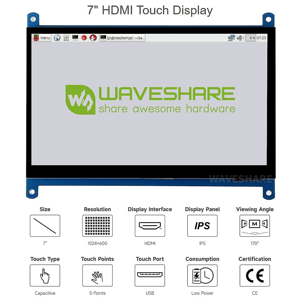 waveshare [Latest Version] Raspberry Pi 4 Display 7inch Capacitive Touch Screen LCD Monitor for Raspberry Pi 400 4 3 Model B Supports All Versions of Raspberry Pi Windows Capacitive