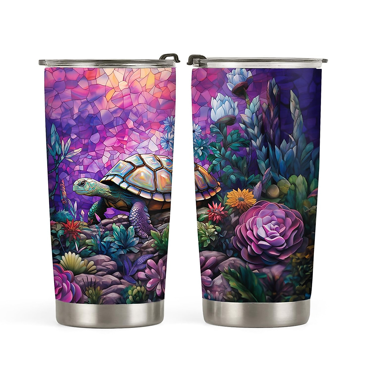 20oz Purple Stained Glass Flower Sea Turtle Tumbler, Gifts for Turtle Lovers, Ocean, Beach Gifts, Coffee Thermos for Women, Stainless Steel Double Wall Vacuum Insulated Coffee Mug, Travel Cup with Lid