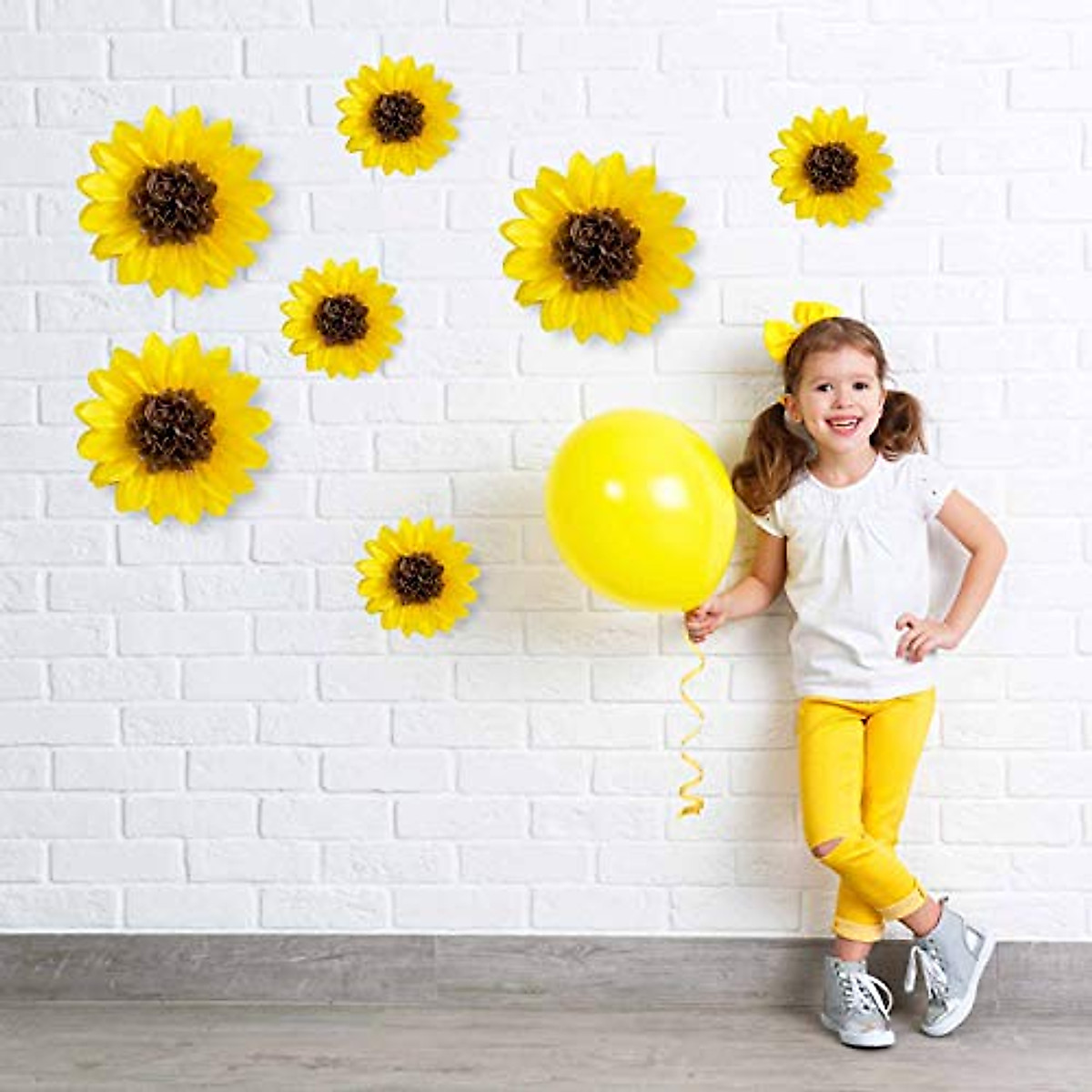 ANSOMO Sunflower Tissue Paper Pom Poms Décor Yellow Flowers Wall Hanging Party Decorations Birthday Bridal Baby Shower Wedding 12" 8" Pack of 10