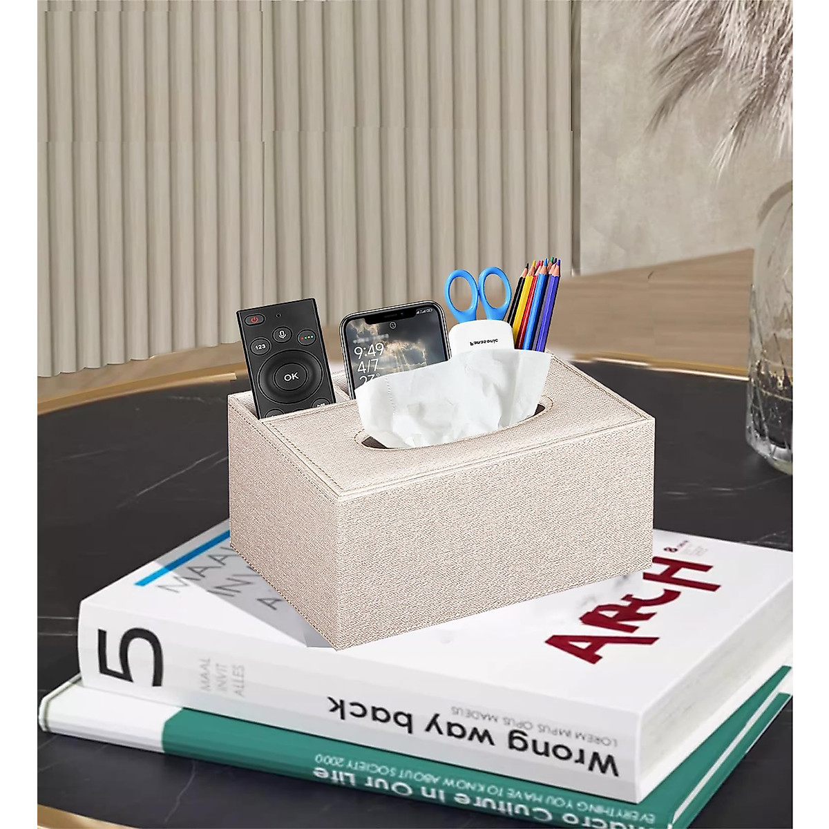 Tissue Box Cover Rectangular, Compatible with Kleenex Box Covers, Multifunctional Facial Tissue Box Holder with Remote Control Holder, Decorative Nighstand Organizer, Tissue Dispenser for Bathroom