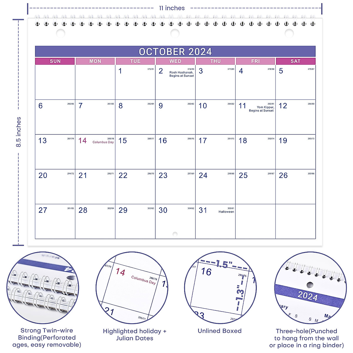 2024 Calendar - 2024 Wall Calendar, JAN. 2024 - DEC. 2024, 11" x 8.5", 12 Monthly Calendar 2024 with Twin-Wire Binding + Hanging Hook + Unuled Blocks with Julian Dates - Purple