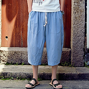 hhaappyy Men's Baggy Linen Capri Pants, Casual Solid Color Loose Elastic Waist Drawstring Harem Yoga Long Shorts with Pockets