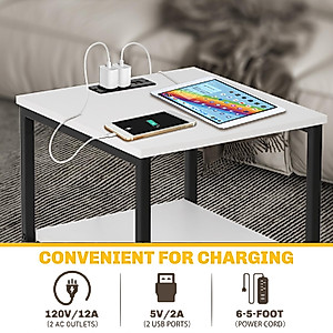 GORZING Nightstand with Charging Station, Small End Table, Narrow Side Table with Drawer, Rustic Bedside Tables for Bedroom, Living Room, White