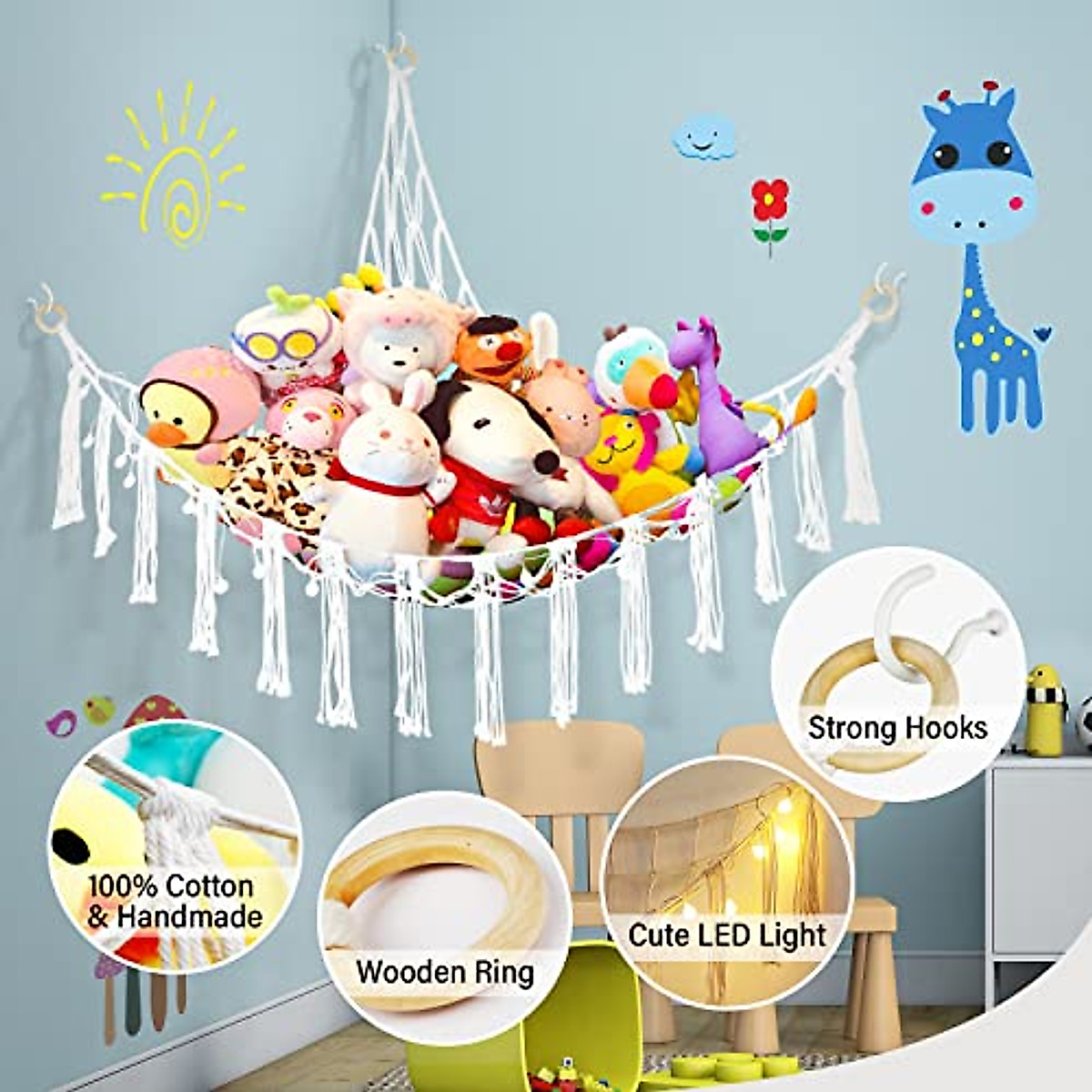 Weraher Toy Hammock Stuffed Animals Storage, Hanging Corner Mesh for Toy, Macrame Boho Teddy Bear Storage with LED Light for Boys Girls for Bedroom Nursery Playroom (White)