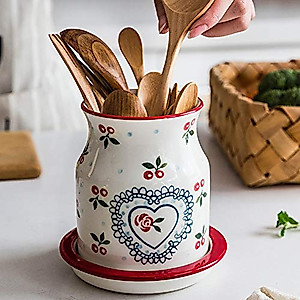 Ceramic Utensil Holder Vintage Style Kitchen Utensil Caddy Antique Design Cooking Utensil Organizer Country Style Utensil Crock for Cooking Enthuziast,White