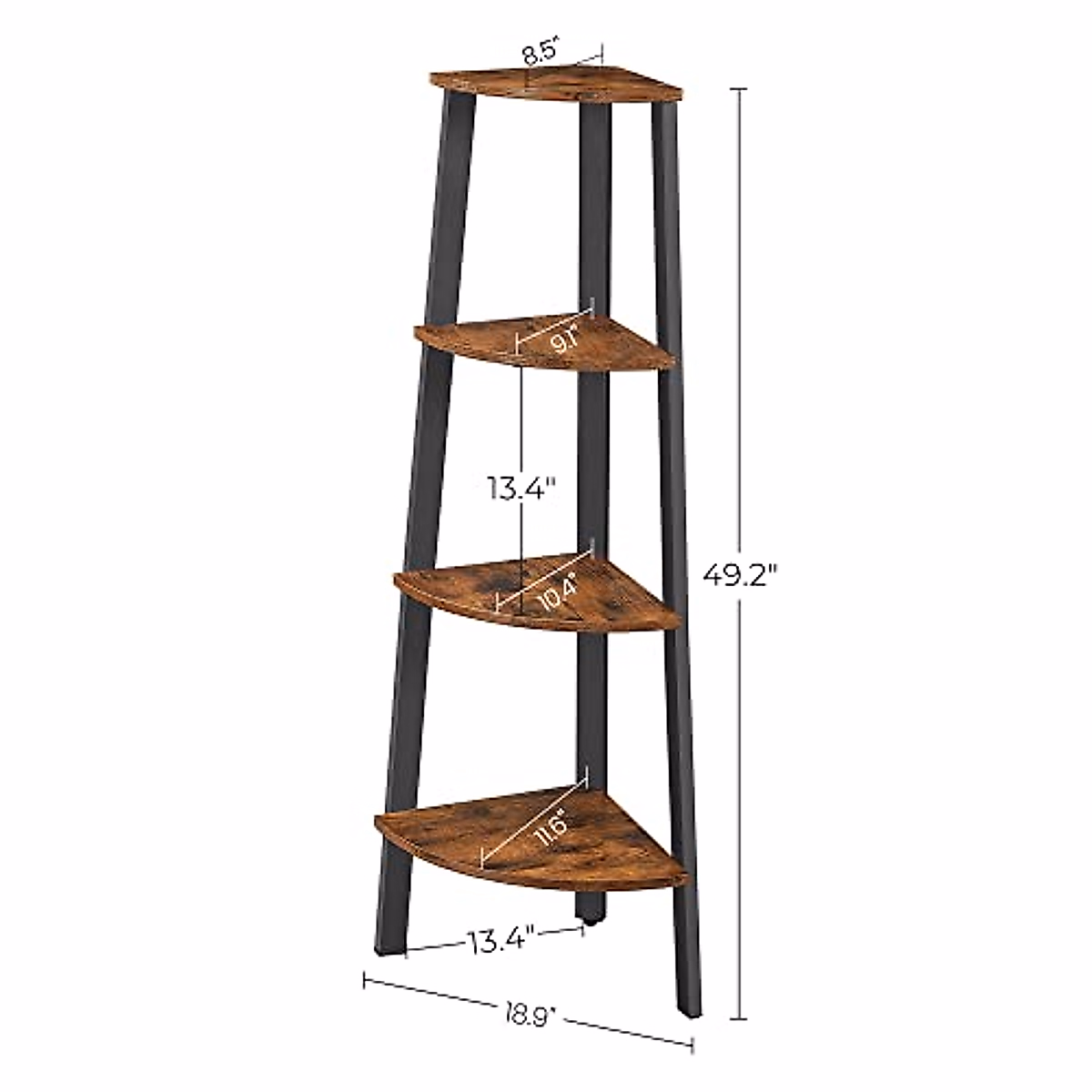 VASAGLE Corner Shelf Stand, 4-Tier Corner Bookshelf, Industrial Corner Ladder Shelf, Plant Stand Display Shelf for Living Room, Office, Kitchen, Rustic Brown and Black ULLS34X