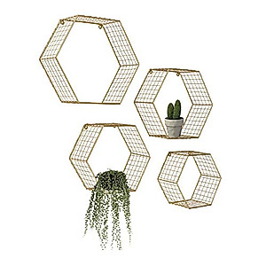 kimisty Set of 4 Gold Hexagon Wall Shelves, Floating Honeycomb Wire Wall Mounted Shelf, Geometric Octagon Mesh Shelves, Boho Deep Gold Metal Shelving