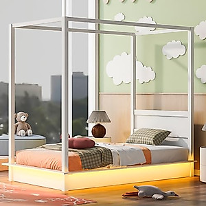 BOVZA Twin Size Canopy Bed Frame with LED Lights and Headboard, Wooden 4-Post Canopy Platform Bed with Support Slats, No Box Spring Needed, White