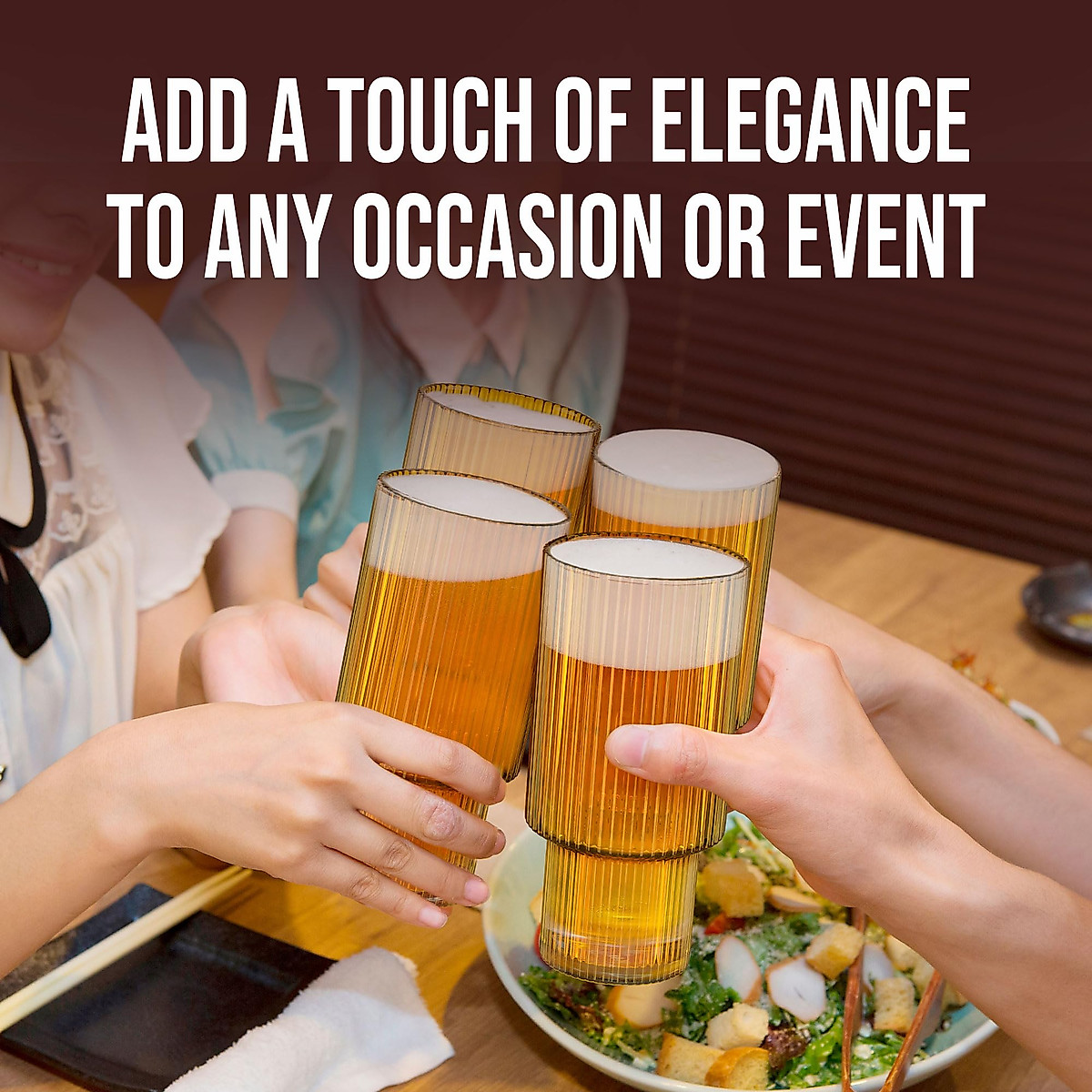 American Atelier Vintage Art Deco Fluted Drinking Glasses | Ribbed Glassware for Cocktail, Gin, Whiskey, & More | Modern Glassware | Lowball Fluted Cocktail Glasses | Set of 4 (11 oz, Amber)